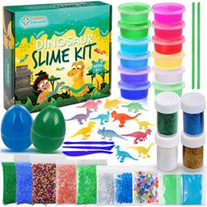 dinosaur slime kit for boys & girls - 12 colorful premade slime, 12 glow in the dark dinosaur toys, 2 glow in the dark mixing powder, 4 glitter powder, ultimate diy crystal slime kit gift for boys