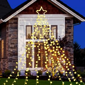 joiedomi 335 led christmas star lights outdoor, 11.5ft 8 lighting modes waterfall lights with topper star for christmas tree, home party wedding garden yard patio xmas outdoor décor(warm white)