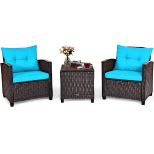 tangkula 3 pieces patio furniture set, pe rattan wicker 3 pcs outdoor sofa set w/washable cushion and tempered glass tabletop, conversation furniture for garden poolside balcony (turquoise)