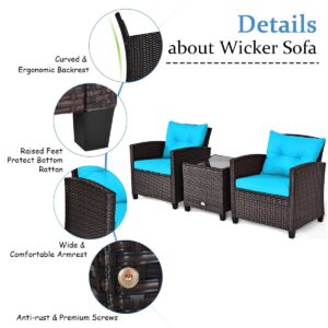 Tangkula 3 Pieces Patio Furniture Set, PE Rattan Wicker 3 Pcs Outdoor Sofa Set w/Washable Cushion and Tempered Glass Tabletop, Conversation Furniture for Garden Poolside Balcony (Turquoise)