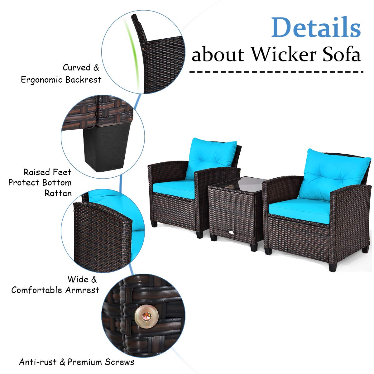 Tangkula 3 Pieces Patio Furniture Set, PE Rattan Wicker 3 Pcs Outdoor Sofa Set w/Washable Cushion and Tempered Glass Tabletop, Conversation Furniture for Garden Poolside Balcony (Turquoise)