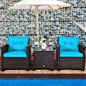 Tangkula 3 Pieces Patio Furniture Set, PE Rattan Wicker 3 Pcs Outdoor Sofa Set w/Washable Cushion and Tempered Glass Tabletop, Conversation Furniture for Garden Poolside Balcony (Turquoise)