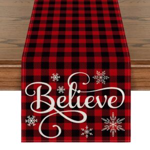 artoid mode red and black buffalo plaid believe table runner, seasonal winter christmas holiday kitchen dining table decoration for indoor outdoor home party decor 13 x 72 inch