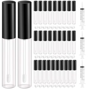 kpx 30 pcs lip gloss tube containers bulk wand 10ml empty clear pink lip oil tubes refillable lip balm bottles with rubber insert for diy makeup such as lip samples, homemade lip balm(black)