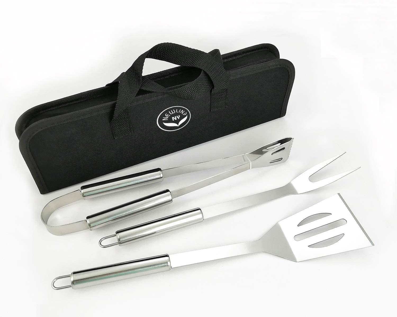 NewlineNY Stainless Steel BBQ Grill Tool Kit 3 PCS Set : Tong, Meat Fork, Spatula + Black Carrying Bag for Picnic Camping Travel Cooking Grilling