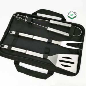 NewlineNY Stainless Steel BBQ Grill Tool Kit 3 PCS Set : Tong, Meat Fork, Spatula + Black Carrying Bag for Picnic Camping Travel Cooking Grilling