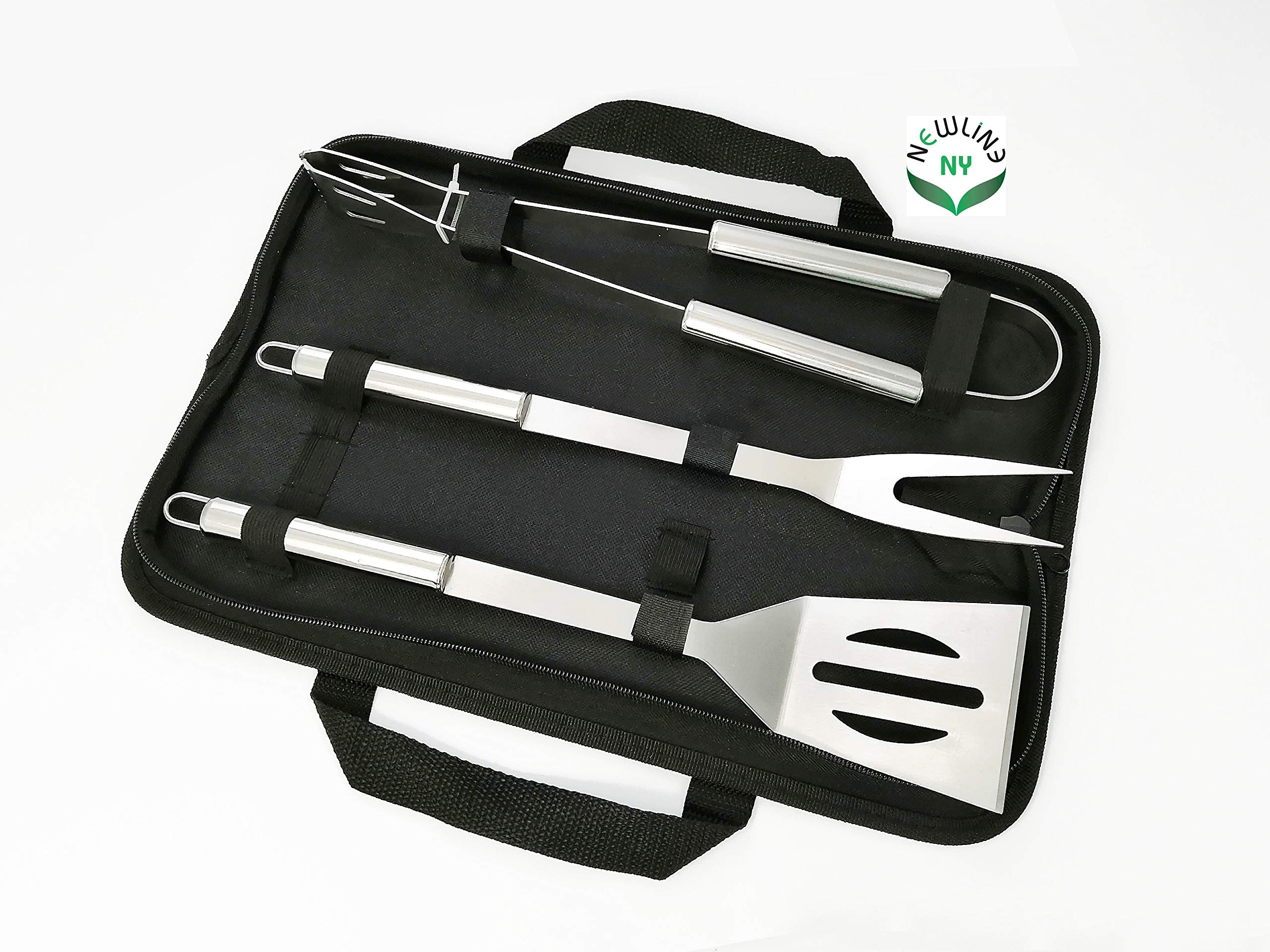 NewlineNY Stainless Steel BBQ Grill Tool Kit 3 PCS Set : Tong, Meat Fork, Spatula + Black Carrying Bag for Picnic Camping Travel Cooking Grilling