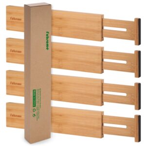 fabsome bamboo kitchen drawer dividers 4 pack, 17-22 inches long adjustable spring-loaded organizer durable organization separators for large utensil drawers, clothing dresser drawers