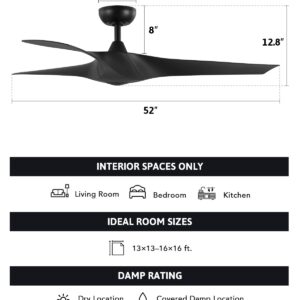 VONLUCE 52" Industrial Ceiling Fan No Light with Remote Control, Mid Century Ceiling Fans with 3 Walnut ABS Blades, Indoor Ceiling Fan for Kitchen Bedroom Living Room, Black