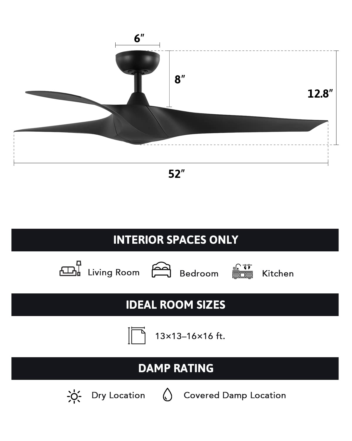 VONLUCE 52" Industrial Ceiling Fan No Light with Remote Control, Mid Century Ceiling Fans with 3 Walnut ABS Blades, Indoor Ceiling Fan for Kitchen Bedroom Living Room, Black