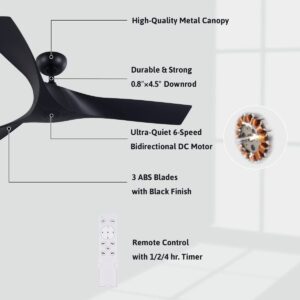 VONLUCE 52" Industrial Ceiling Fan No Light with Remote Control, Mid Century Ceiling Fans with 3 Walnut ABS Blades, Indoor Ceiling Fan for Kitchen Bedroom Living Room, Black