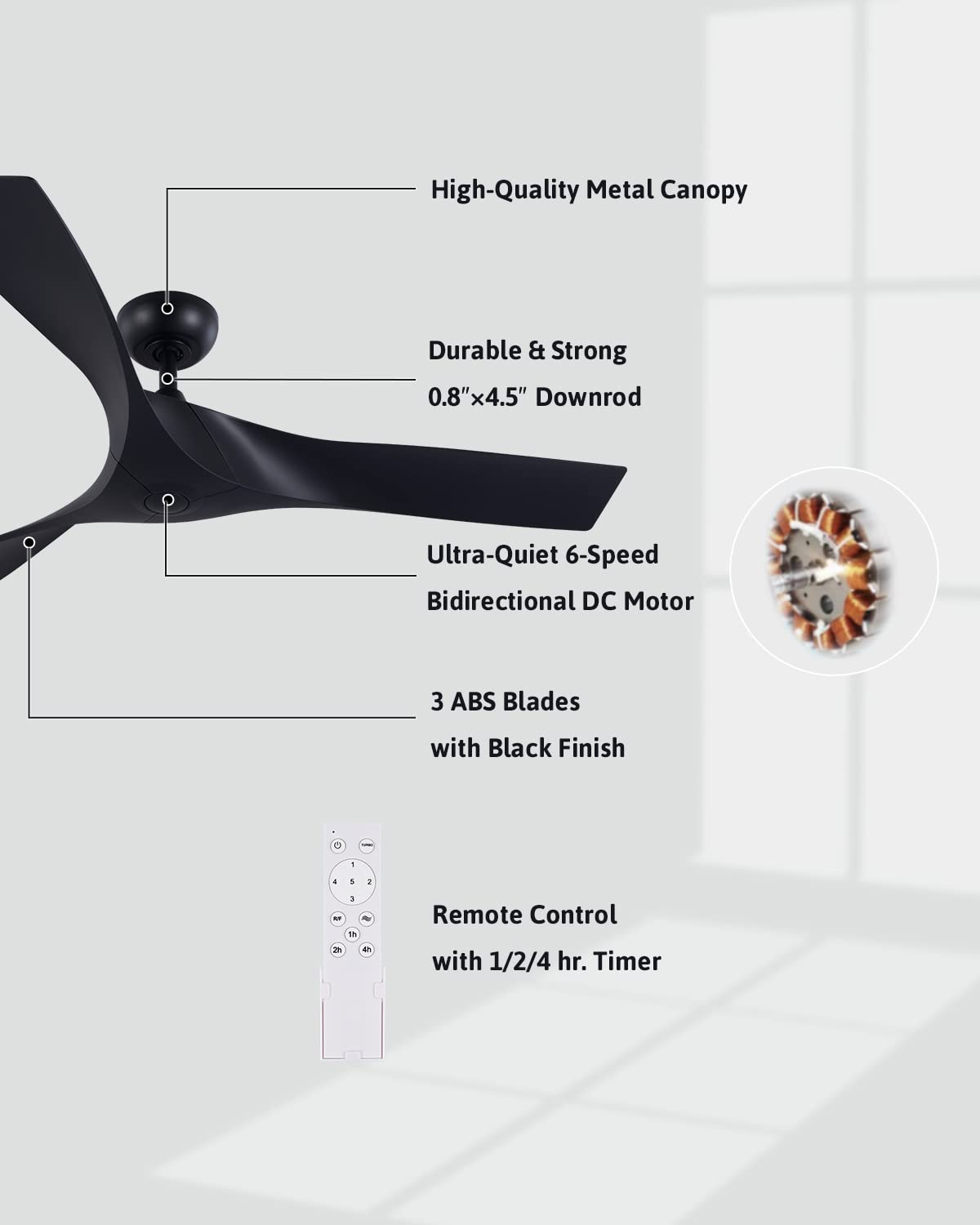 VONLUCE 52" Industrial Ceiling Fan No Light with Remote Control, Mid Century Ceiling Fans with 3 Walnut ABS Blades, Indoor Ceiling Fan for Kitchen Bedroom Living Room, Black