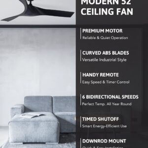 VONLUCE 52" Industrial Ceiling Fan No Light with Remote Control, Mid Century Ceiling Fans with 3 Walnut ABS Blades, Indoor Ceiling Fan for Kitchen Bedroom Living Room, Black