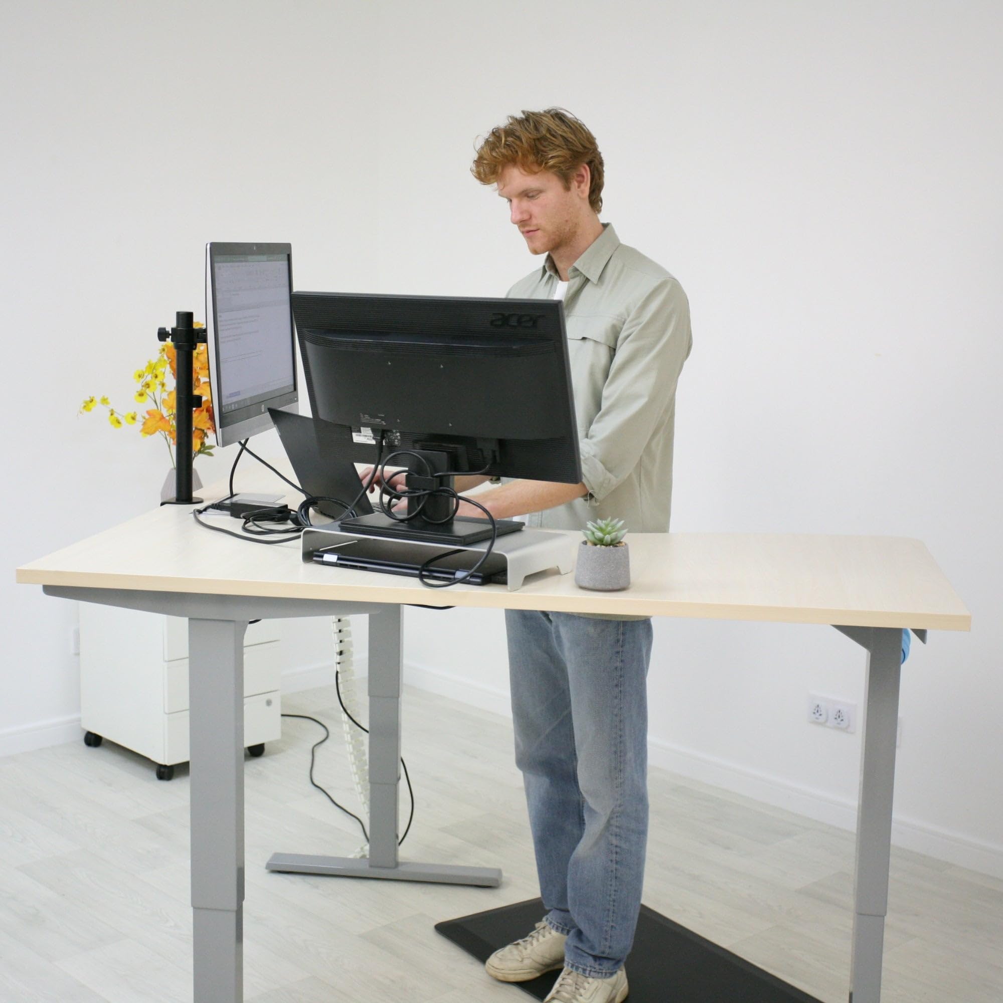 Progressive Desk L Shaped Height Adjustable Standing Desk 59" x 59" - Corner Computer Desk - Electric Stand Up Rising Workstation - Black Frame/Sunset Teak Top