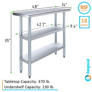 AmGood Stainless Steel Work Table with 2 Shelves | NSF | Metal Utility Table (48" Long x 14" Deep)