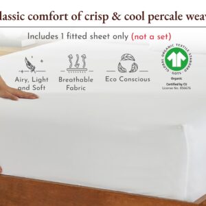 California Design Den 100% Organic Cotton Fitted Sheet Queen Size Only, Percale Queen Deep Pocket Fitted Sheet, GOTS Certified, Lightweight, Snug-Fit, Crisp, 1 Pc White Fitted Sheet