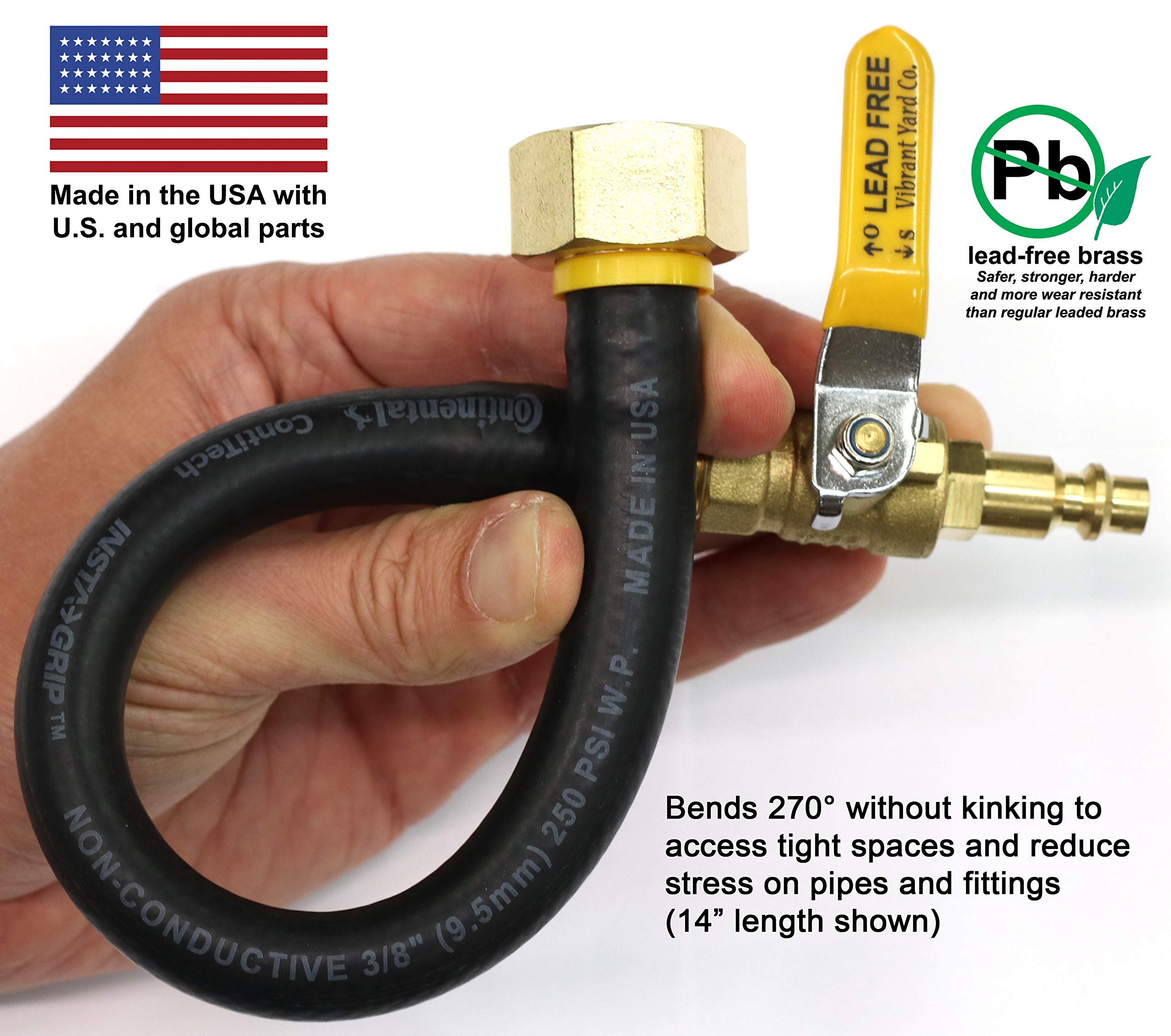 Winterize Sprinkler Systems and Outdoor Faucets: Air Compressor Quick-Connect Plug To Female Garden Hose Faucet Blow Out Adapter with Shut Off Valve (Lead-Free Brass), 14" Long