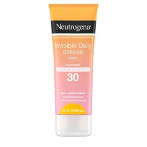 neutrogena invisible daily defense sunscreen lotion, broad spectrum spf 30, oxybenzone-free & water-resistant, sun & environmental aggressor protection, antioxidant complex, 3.0 fl. oz