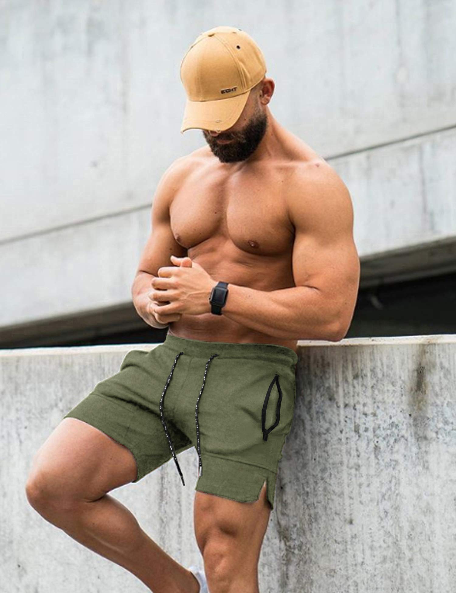 COOFANDY Sweat Shorts for Men 7" Quick Dry Workout Bodybuilding Pants Training Athletic Jogger with Pockets Army Green