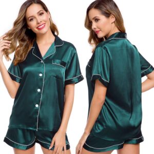 LecGee Womens Silk Satin Pajamas Short Sleeve Loungewear Two-Piece Sleepwear Button-Down Pj Set