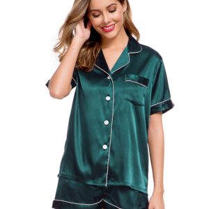 LecGee Womens Silk Satin Pajamas Short Sleeve Loungewear Two-Piece Sleepwear Button-Down Pj Set