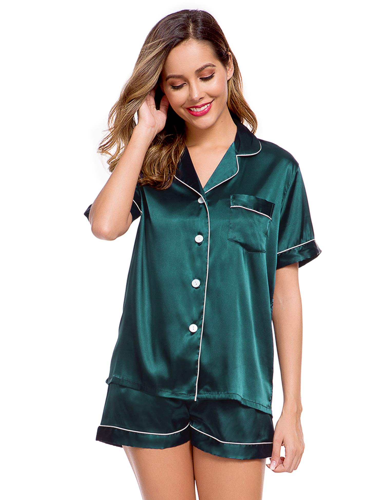 LecGee Womens Silk Satin Pajamas Short Sleeve Loungewear Two-Piece Sleepwear Button-Down Pj Set