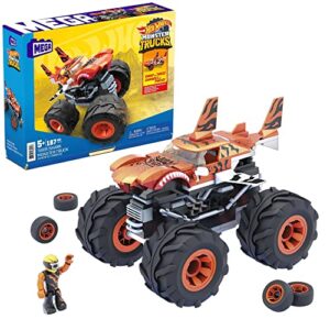 mega hot wheels monster trucks building toy playset, tiger shark with 187 pieces, 1 micro action figure driver, orange and black, kids age 5+ years