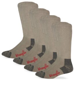 wrangler riggs men's non-binding boot work cotton cushion smooth toe socks 4 pair pack, khaki, large