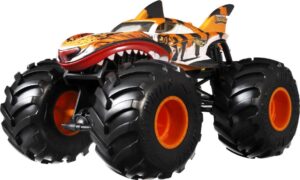 hot wheels toy monster trucks, 1:24 scale die-cast tiger shark, oversized play vehicle for kids & collectors