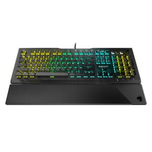 roccat vulcan pro linear optical pc gaming keyboard, titan switch full size with per key aimo rgb lighting, anodized aluminum top plate and detachable palm/wrist rest, low profile, black