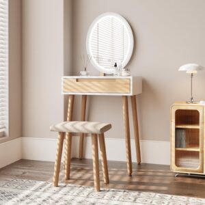 artethys small makeup vanity desk with 3 adjustable lighted mirror and chair, 24 inch makeup vanity table with big drawer wooden frame for small space