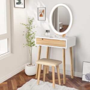 ARTETHYS Small Makeup Vanity Desk with 3 Adjustable Lighted Mirror and Chair, 24 Inch Makeup Vanity Table with Big Drawer Wooden Frame for Small Space