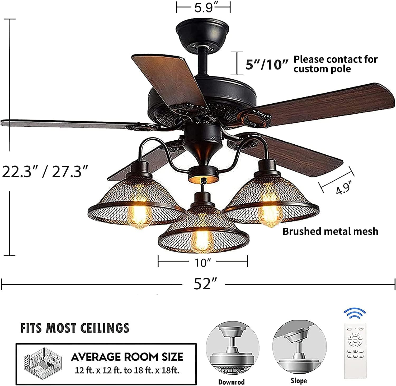 Bagood Farmhouse Ceiling Fan with Light 52 Inch Ceiling Fan with Light Rustic Ceiling Fan with 5 Reversible Wood Blades Vintage Ceiling Fan with Light and Remote for Bedroom Living Room Dining Room