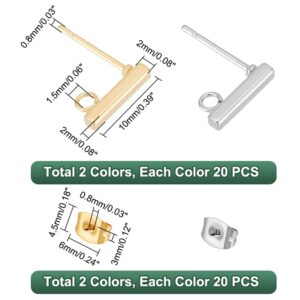 UNICRAFTALE Hypoallergenic Stud Earring with Loop 40 Pieces Rectangle Earring with Ear Nut 0.8mm Pin Stainless Steel Earring Posts for DIY Earrings Jewelry Making