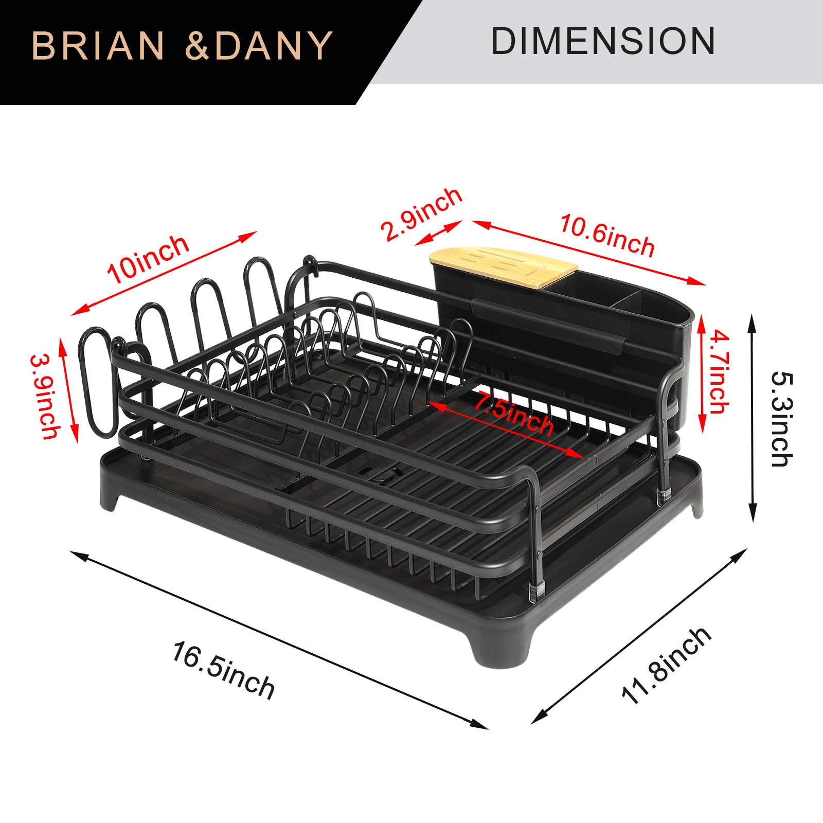 BRIAN & DANY Aluminum Dish Drying Rack, Dish Racks for Kitchen Counter, Dish Drainer with Removable Cutlery Holder & Cup Holder, 16.5" L x 11.8" W, Black