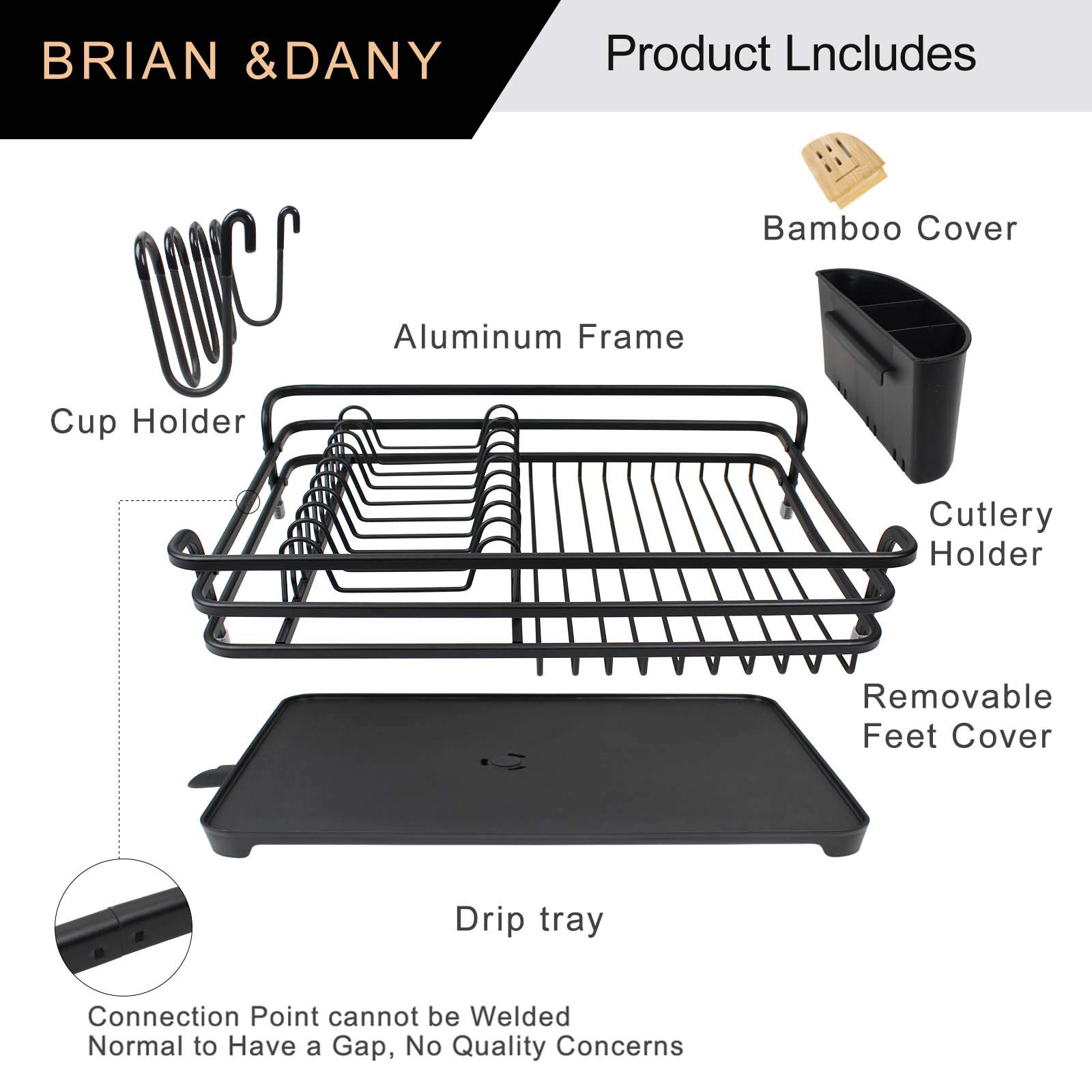 BRIAN & DANY Aluminum Dish Drying Rack, Dish Racks for Kitchen Counter, Dish Drainer with Removable Cutlery Holder & Cup Holder, 16.5" L x 11.8" W, Black