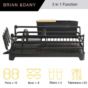 BRIAN & DANY Aluminum Dish Drying Rack, Dish Racks for Kitchen Counter, Dish Drainer with Removable Cutlery Holder & Cup Holder, 16.5" L x 11.8" W, Black