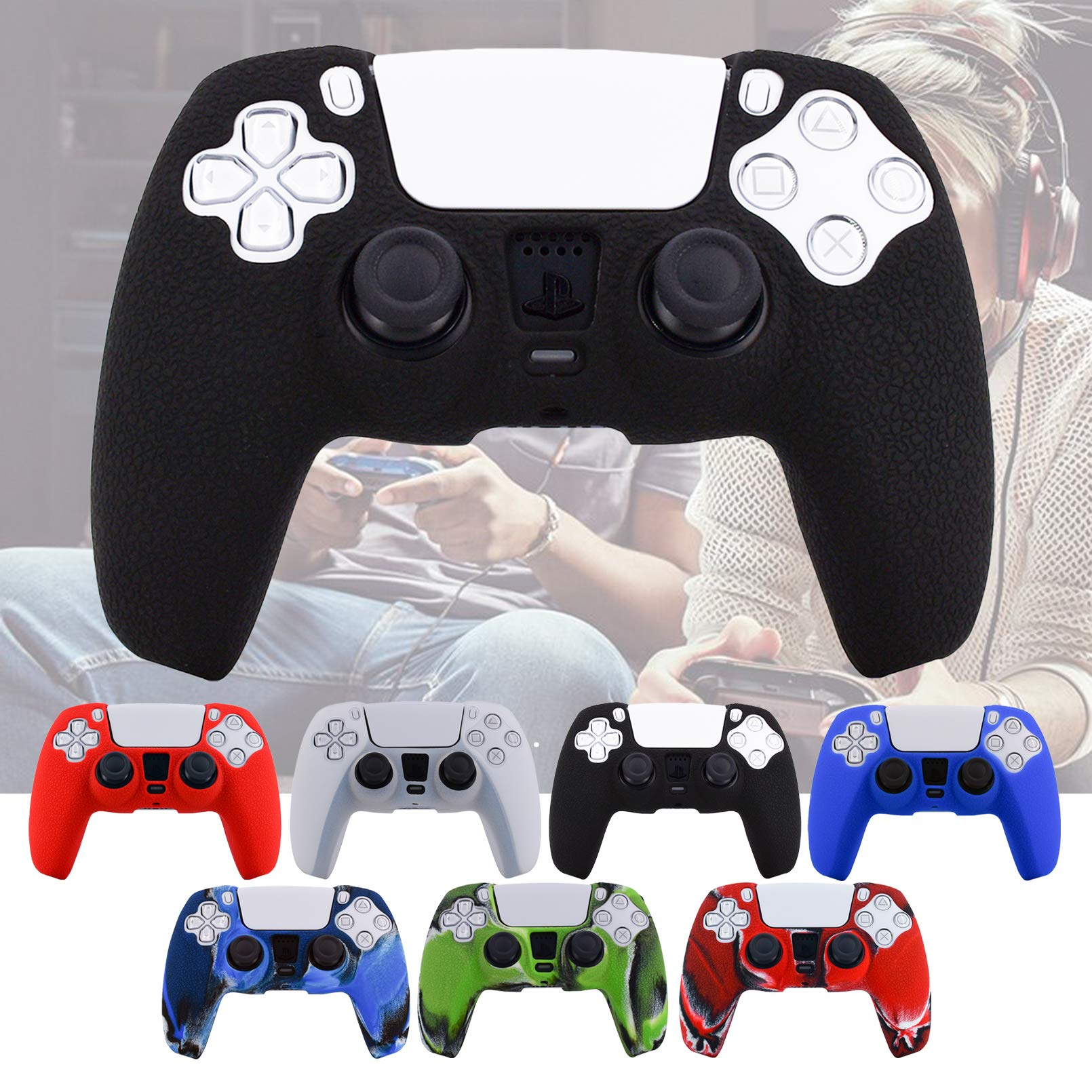 PS5 Controller Skin,Hikfly Silicone Cover for Sony PlayStation 5 Controller Grip Skin Protector Faceplates Kits Video Games(1x Black cover with 4 x Thumb Grips Caps)