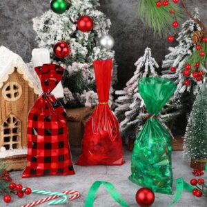 Outus 150 Pcs Christmas Cellophane Bags Christmas Candy Cookie Treat Bags Xmas Clear Plaid Goodies Bags with 200 Pieces Twist Ties for Xmas Holiday Party Favors Supplies