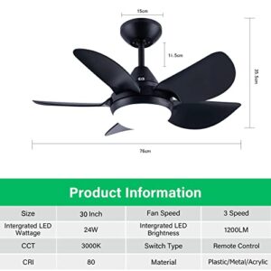 CJOY Small Ceiling Fan with Light, 30 inch Black Ceiling Fans with Lights and Remote, Bedroom Ceiling Fans with Lights Dimmable, 5 ABS Reversible Blades Fan Light for Kid Room