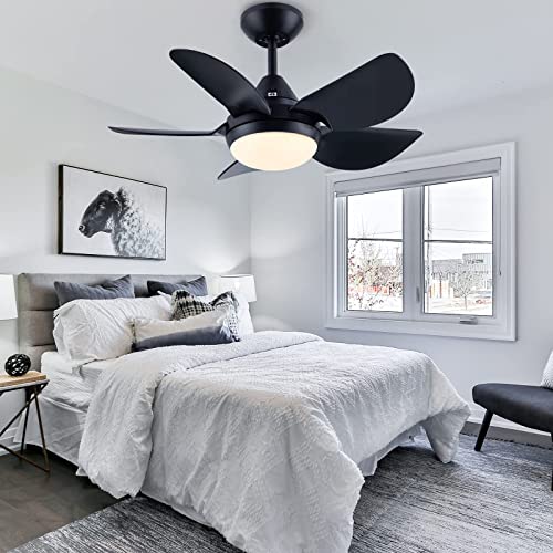 CJOY Small Ceiling Fan with Light, 30 inch Black Ceiling Fans with Lights and Remote, Bedroom Ceiling Fans with Lights Dimmable, 5 ABS Reversible Blades Fan Light for Kid Room