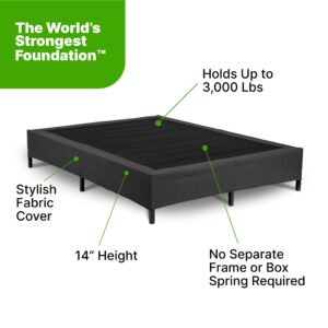 GhostBed Mattress Foundation & Box Spring in One - Metal Platform Bed Frame with Steel Slat Support, Fabric Cover & Headboard Brackets - Queen