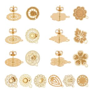 unicraftale 24pcs 12 styles golden bohemian stud earring findings stainless steel ear stud component with loop butterfly stoppers 0.7mm pin mixed shapes earring for jewelry making, hole 1mm