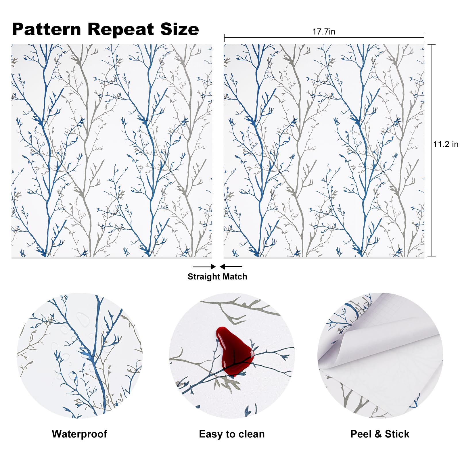 Melwod Grey Blue Tree Branches Peel and Stick Contact Paper 17.7" x 78.7" Modern Tree Branch Removable Wallpaper Natural Wall Paper Self-Adhesive Vinyl for Drawer Liner Furniture Crafts Accent Walls