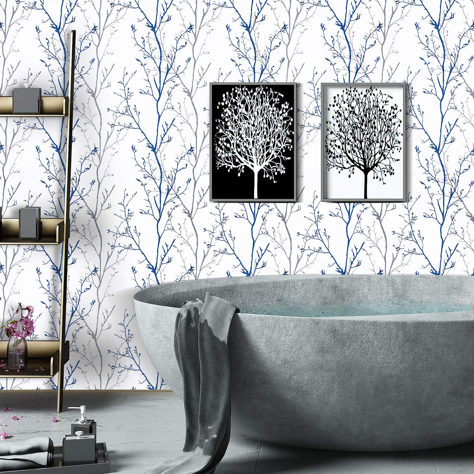 Melwod Grey Blue Tree Branches Peel and Stick Contact Paper 17.7" x 78.7" Modern Tree Branch Removable Wallpaper Natural Wall Paper Self-Adhesive Vinyl for Drawer Liner Furniture Crafts Accent Walls