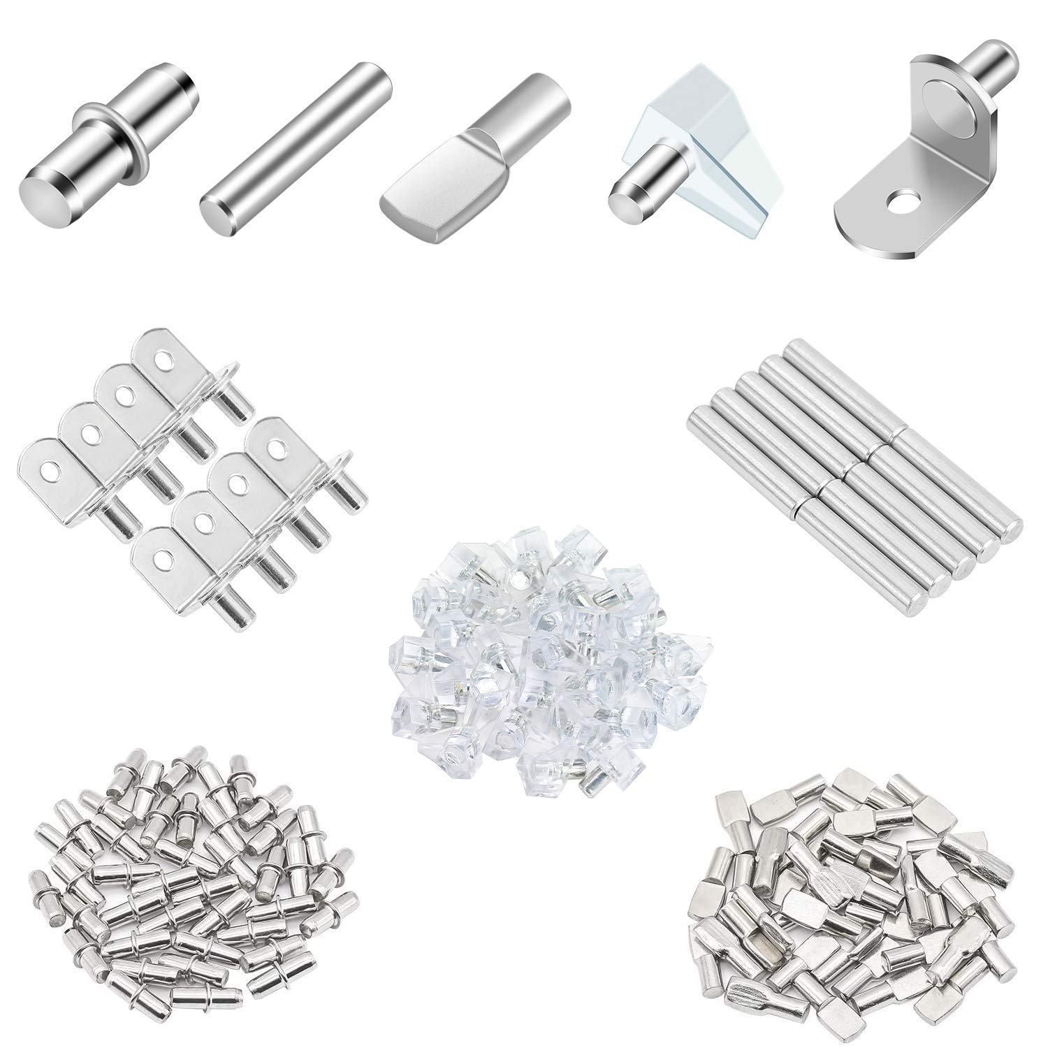 HELIFOUNER 100 Pieces 5 Styles Shelf Pins Kit, Top Quality Nickel Plated Shelf Bracket Pegs Cabinet Furniture Shelf Pins Support for Shelf Holes on Cabinets, Bookcases, Entertainment Centers