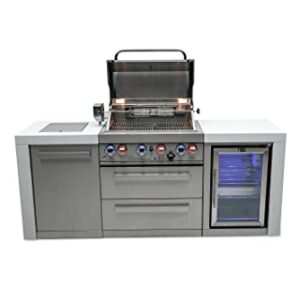 Mont Alpi MAi400-DFC 32-Inch 4-Burner 78000 BTU Deluxe Stainless Steel Gas Outdoor Kitchen Bar Barbecue Island Grill w/Infrared Side Burner + Wine Cooler Compact Refrigerator + Rotisserie Kit