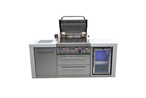 Mont Alpi MAi400-DFC 32-Inch 4-Burner 78000 BTU Deluxe Stainless Steel Gas Outdoor Kitchen Bar Barbecue Island Grill w/Infrared Side Burner + Wine Cooler Compact Refrigerator + Rotisserie Kit