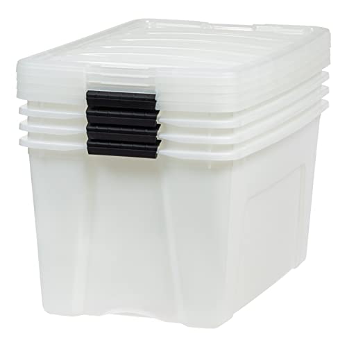 IRIS USA 72 Qt Stackable Plastic Storage Bins with Lids, 4 Pack - BPA-Free, Made in USA - Discreet Organizing Solution, Latches, Durable Nestable Containers, Secure Pull Handle - Pearl