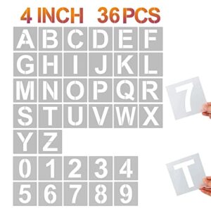 4 inch letter stencils and numbers, 36 pcs alphabet art craft stencils, reusable plastic art craft stencils for wood, wall, fabric, rock, signage(4 inch)